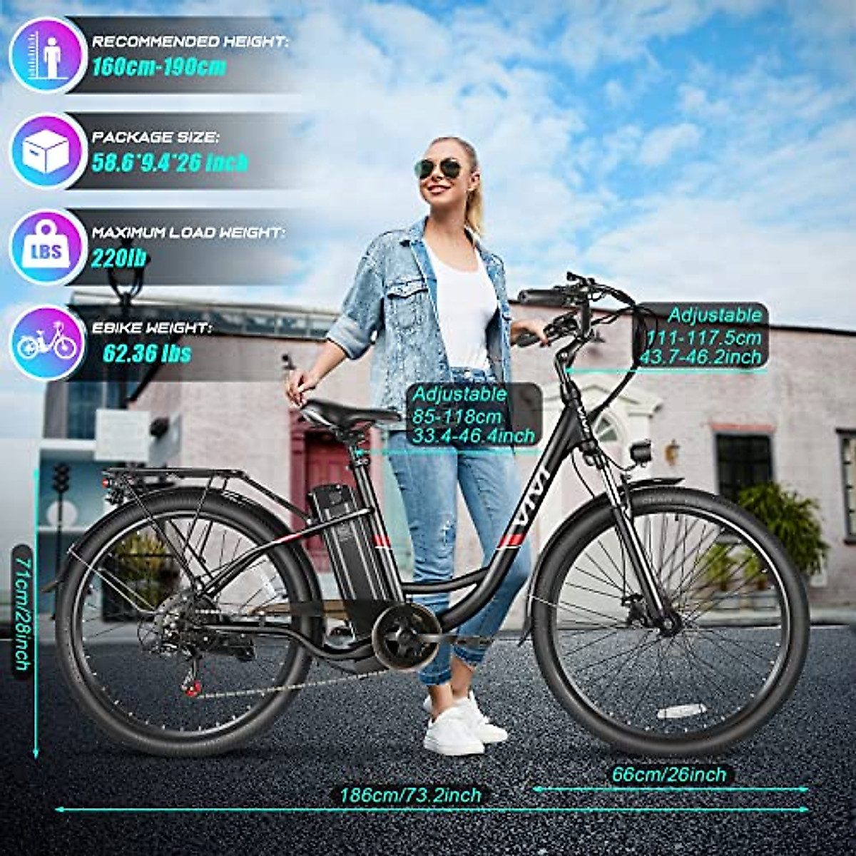 Vivi Electric Bike, 26/20 Inch Electric Bicycle for Adults, 500W E-Bike with 48V Removable Battery, Shimano 7 Speed Electric Commuter Cruiser Bike 20MPH & 50 Mile Adult Electric Bikes City Women
