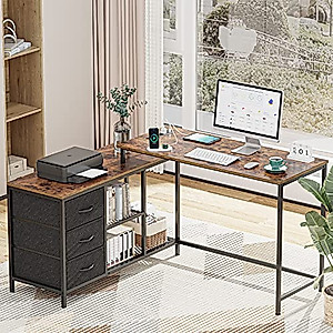 SUPERJARE L Shaped Desk with Power Outlets, Computer Desk with Drawers & Shelves, Corner Desk Gaming Desk Home Office Desk, Rustic Brown