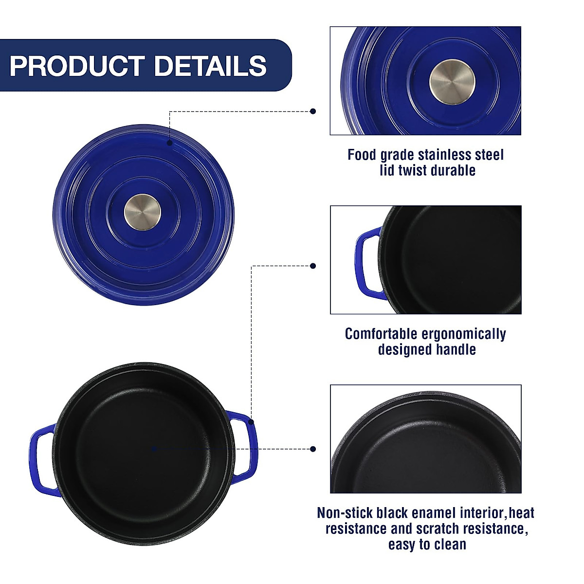 JOGREFUL 4 QT Dutch Oven, Ceramic Enameled Dutch Oven Pot with Lid for Sourdough Bread Baking, Cast Iron Non-Stick Oven Cooking Pot for Cooking/Baking/Kitchen Stovetop, Safe up to 500° F, Blue