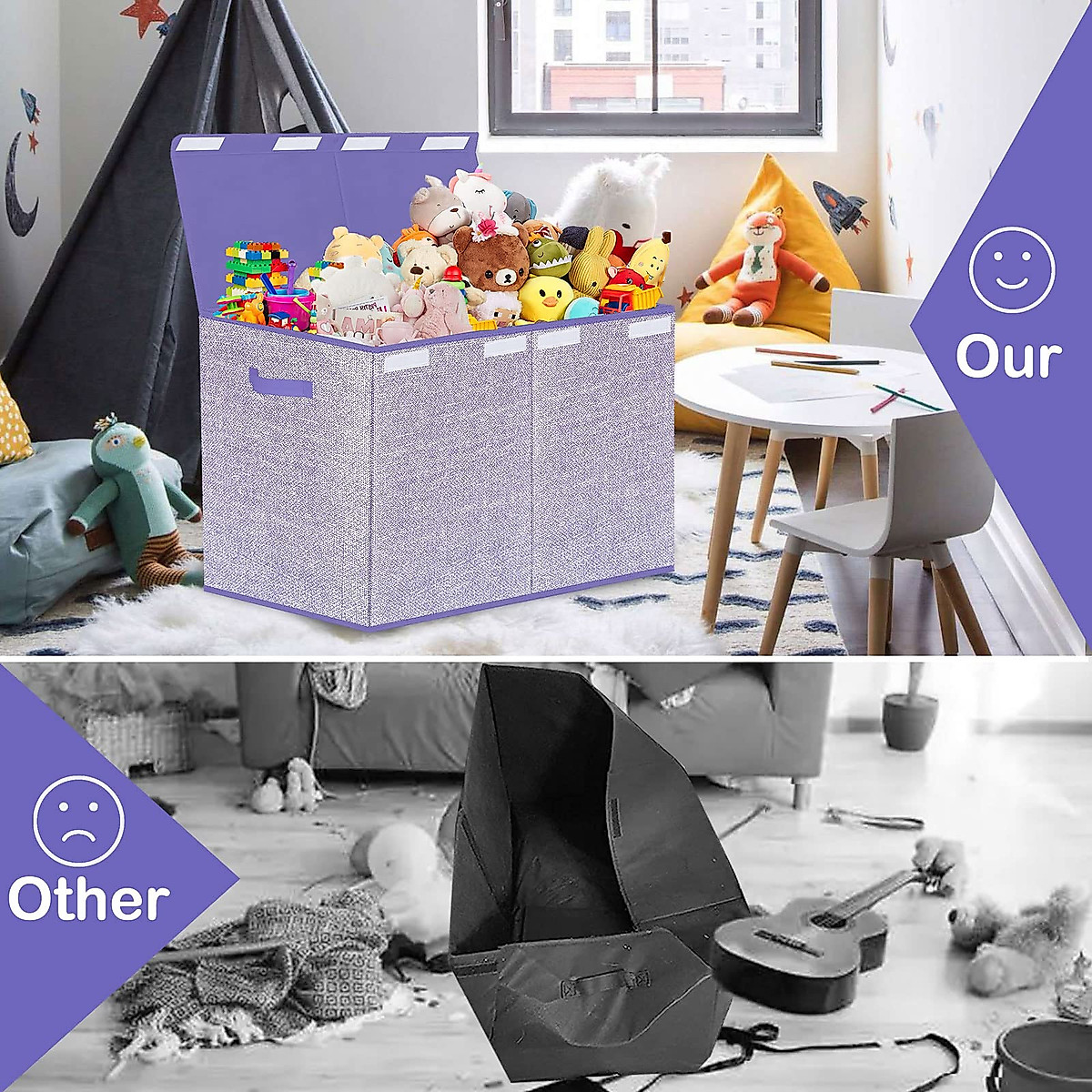 Pantryily Toy Storage Bins,Large Toy Box Chest with Lids,Foldable Stuffed Animal Toy Organizers and Storage with Sturdy Handles for Kids,Girls,Boys,Nursery,Playroom 24.5"x13"x16" (Purple)