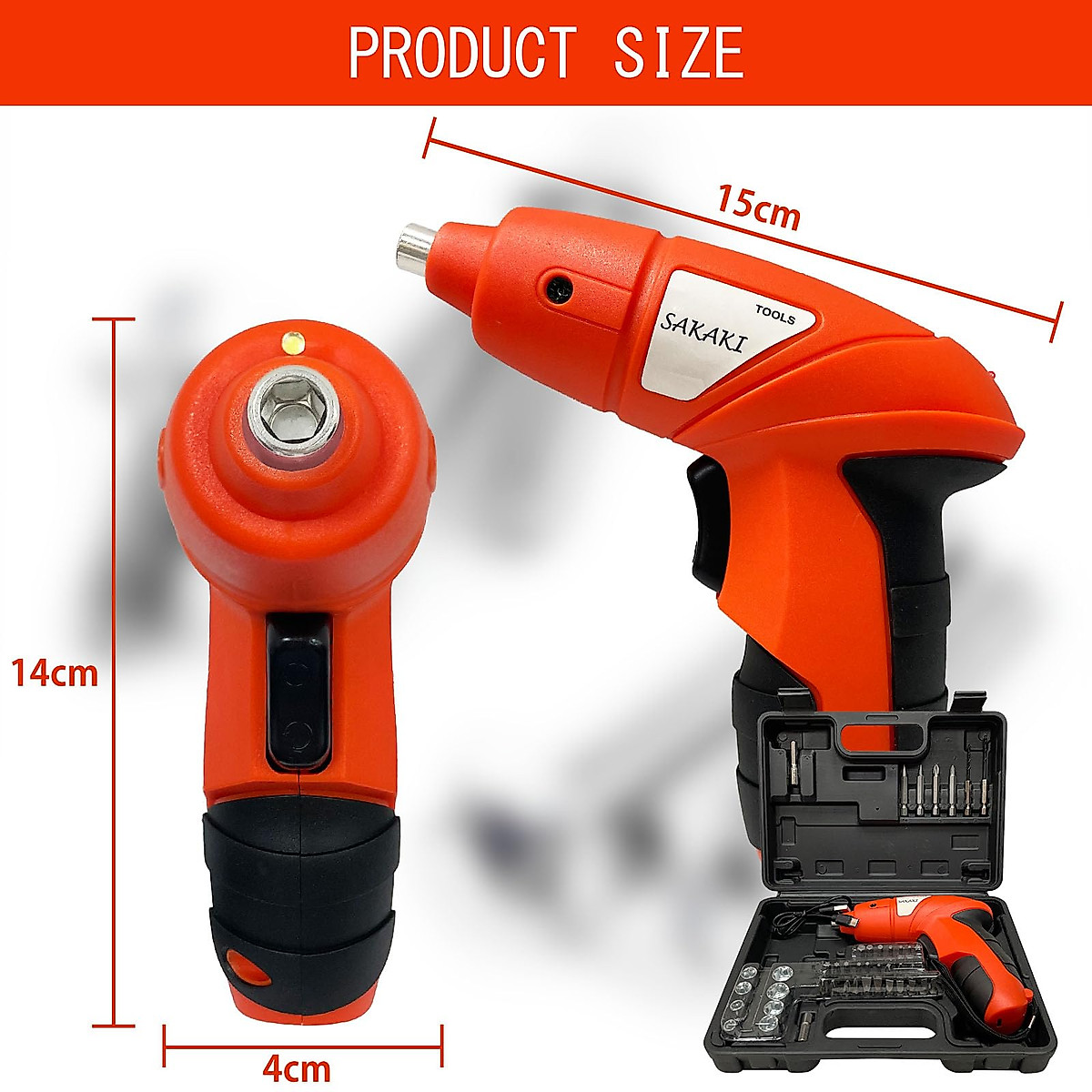 47 Piece Electric Screwdriver DIY Cordless Drill Set 3.6V with LED Light & Rechargeable Lithium Battery Carrying Case and Screw Driver Bits by SAKAKI (Orange)