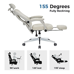 GGN Ergonomic Office Chair with Foot Rest, White Reclining Desk Chair with Leg Rest, Mesh Computer Desk Chair with Adjustable Headrest & Lumbar Support, White