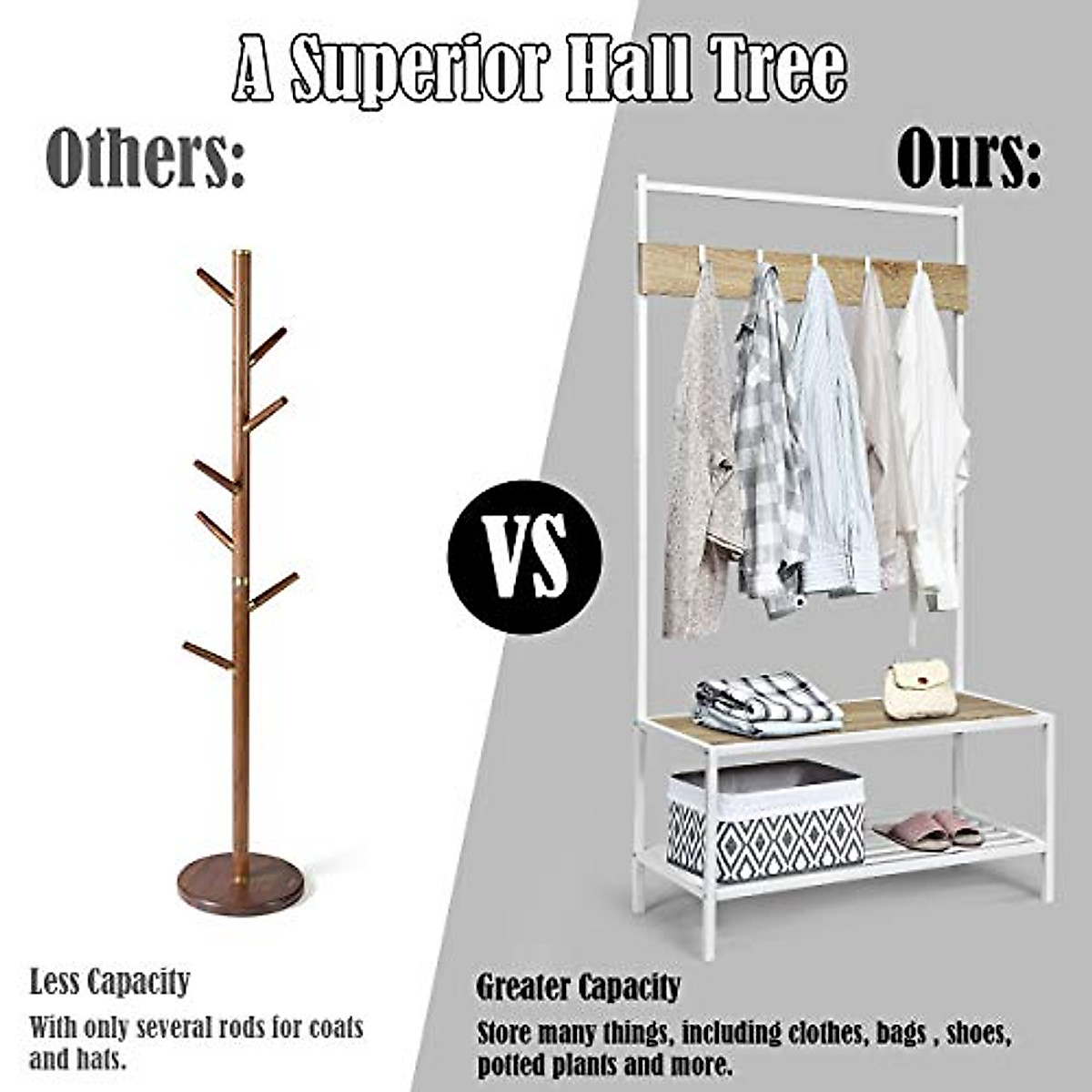 Tangkula Hall Tree with Bench and Shoe Storage, 3-In-1 Industrial Entryway Bench with Coat Rack, Wood Look Coat Rack Shoes Bench Storage Organizer for Home & Office, Coats/Hats/Shoes (Coffee)