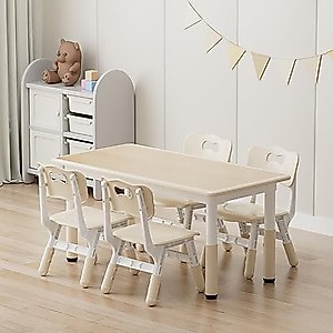 Syunoo Kids Table and Chairs Set, 49''x25'' Toddler Table and 4 Chairs Set, Height-Adjustable Toddler Desk for Boys&Girls Ages 2-8, Graffiti Child's Desk for Study Room, Classroom