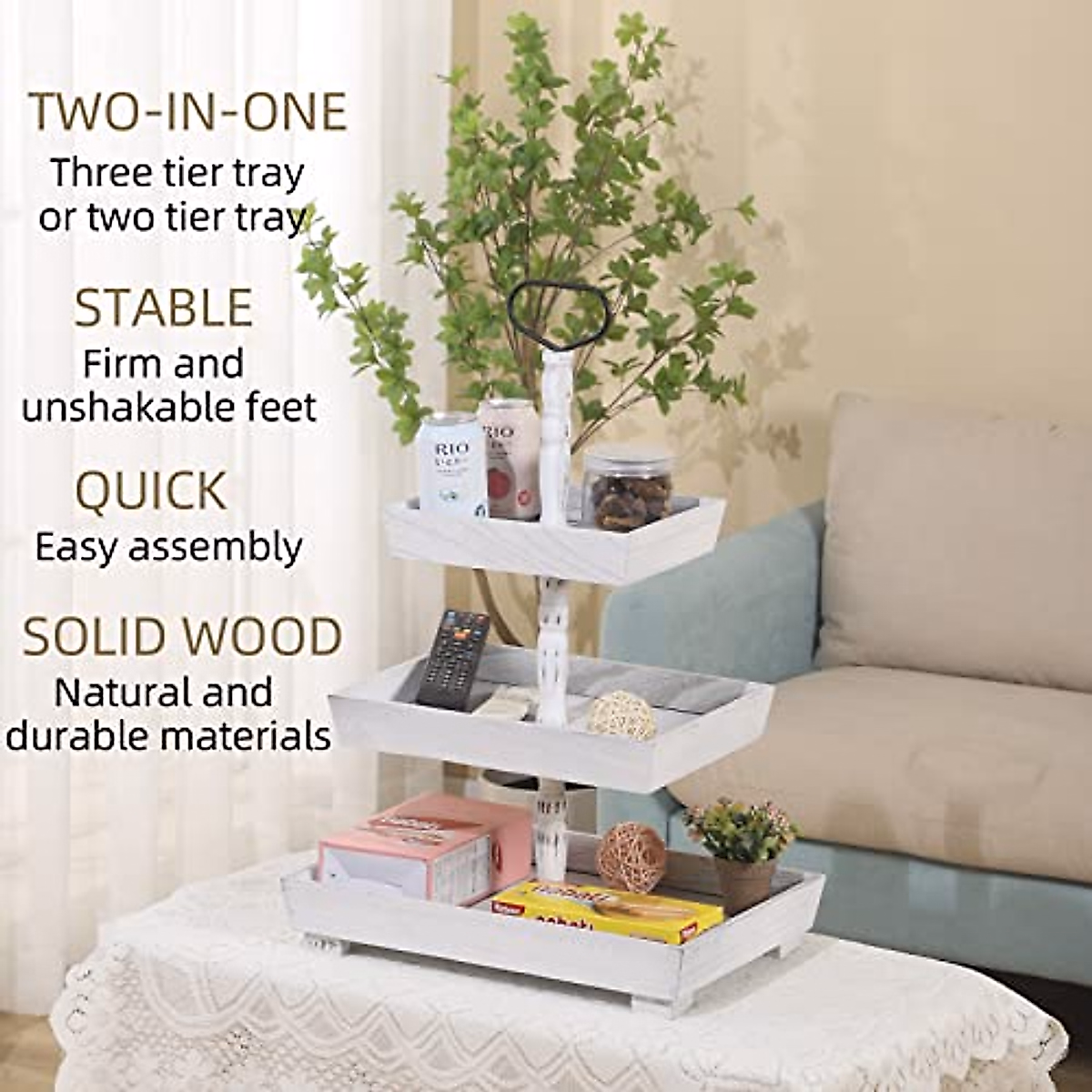 3 Tier Serving Tray, Rectangle Tiered Tray, Farmhouse Table Decor Cake Stands Round Wooden Tray Three Tier Tray with Metal Handle Large Storage Tray,Home Kitchen Shelf Coffee Bar Table