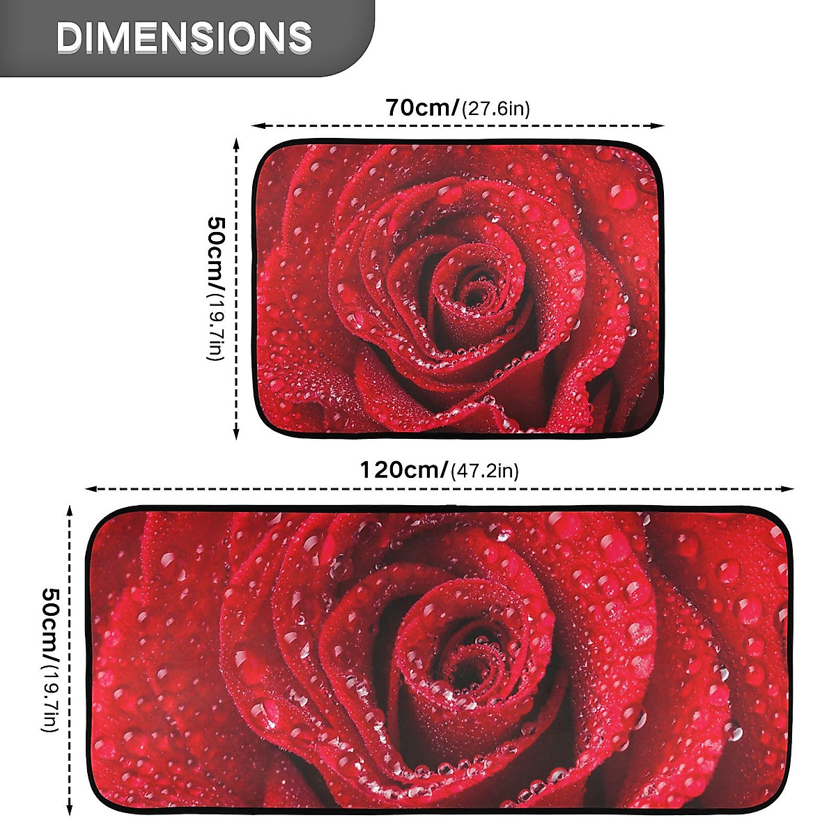 Kigai [2 PCS Red Roses Anti Fatigue Mats for Kitchen Floor Non-Slip Waterpoof Kitchen Rugs Soft and Cushioned Kitchen Mats for Standing, Floor, Office, Laundry, Sink