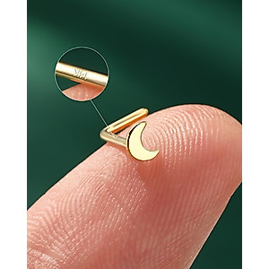 COCHARM 14k Solid Gold Moon Nose Stud for Women Gold 20g L Shape Nose Rings Stud Yellow Gold Nose Piercing Stud Real Gold Nostril Nose Stud Hypoallergenic 20 Gauge Nose Stud