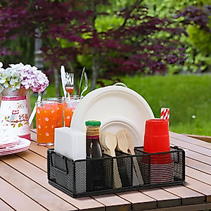 Remittur Paper Plate Dispenser with Handle, Metal Paper Plate Holders for Kitchen Counter, Utensil Holder Organizer with 6 Compartments, Silverware Holder Caddy for Cup Fork Spoon Napkin Party Camping