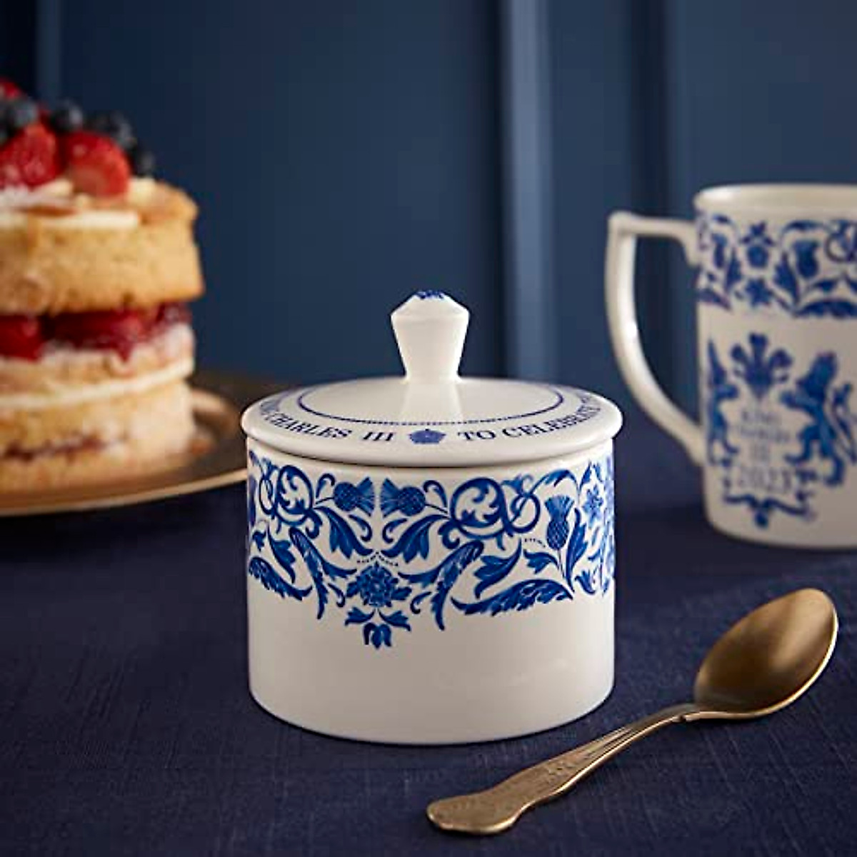 Portmeirion Home & Gifts Spode King Charles III Coronation Lidded Covered Sugar Bowl 280ml, Blue & White Pattern UK Made