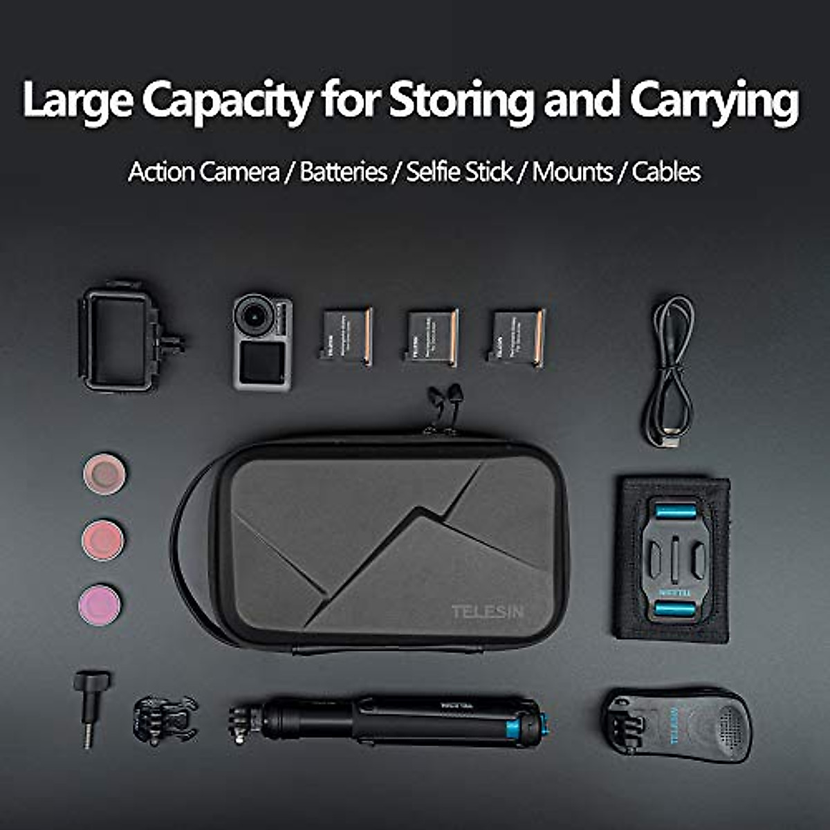 TELESIN Carry Case for GoPro Max Mini Hero 11 10 9 8 7 6 5 4 3, DJI Osmo Pocket Action 2 3, Insta360 X2 X3, Digital Camera, Hard Protective Travel Bag for Selfie Stick Strap Mount Accessories