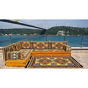 Yellow Premium Arabic Seating, Handmade Floor Couches, Sectional Sofas, Turkish Floor Sofas, Moroccan Livingroom Sofas, Arabic Majlis, Sofa Slipcovers, Living Room Furniture (L Sofa + Rug)