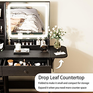 IRONCK Vanity Desk with LED Lighted Mirror & Power Outlet, Makeup Table with Drawers & Cabinet,Storage Stool,for Bedroom, Black