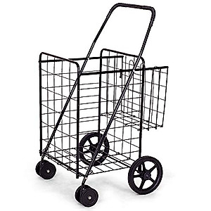 HOMGX Jumbo Folding Shopping Cart w/ 360° Swivel Wheels, Portable Laundry &Utility Cart w/ Double Basket, Space-Saving, Metal Rolling Grocery Cart on Wheels, Heavy Duty Shopping Cart for Groceries