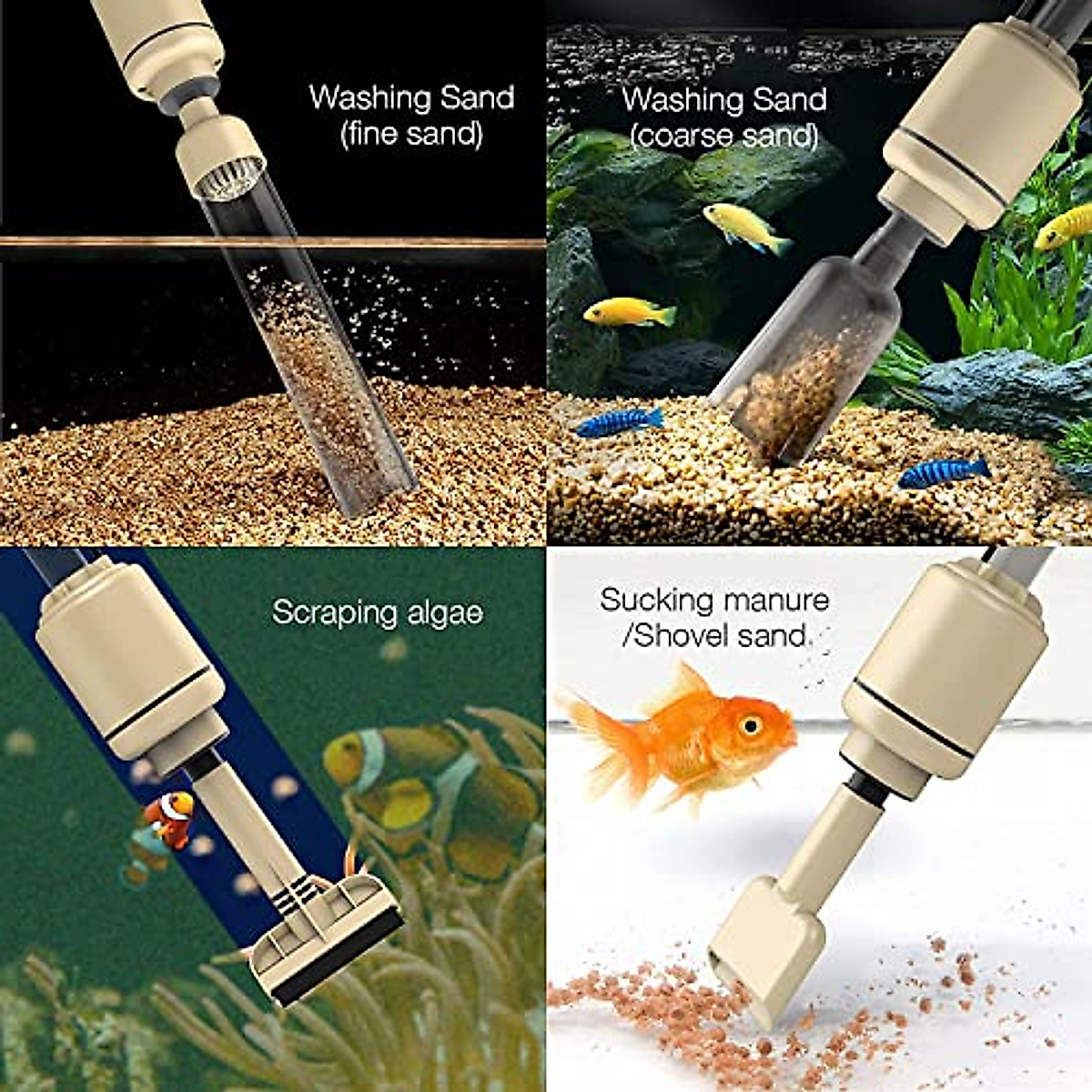 bedee Electric Aquarium Gravel Cleaner, Fish Tank Vacuum Gravel Cleaner, 6 in 1 Automatic Aquarium Vacuum Cleaner Kit for Water Changing & Wash Sand with Adjustable Water Flow, DC 12V, 18W【Beige】