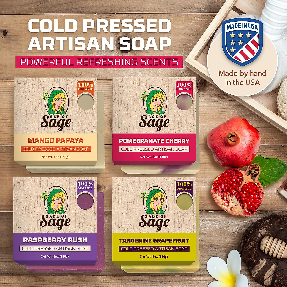 Natural Bar Soap for Women - Vegan Bath Soap Bars Gift Set - Handmade Cold Process Artisan Soap with Essential Oil, Aromatic All Moisturizing Wash Soaps, Fragrant Fruity Scent by Age of Sage (4 Pack)