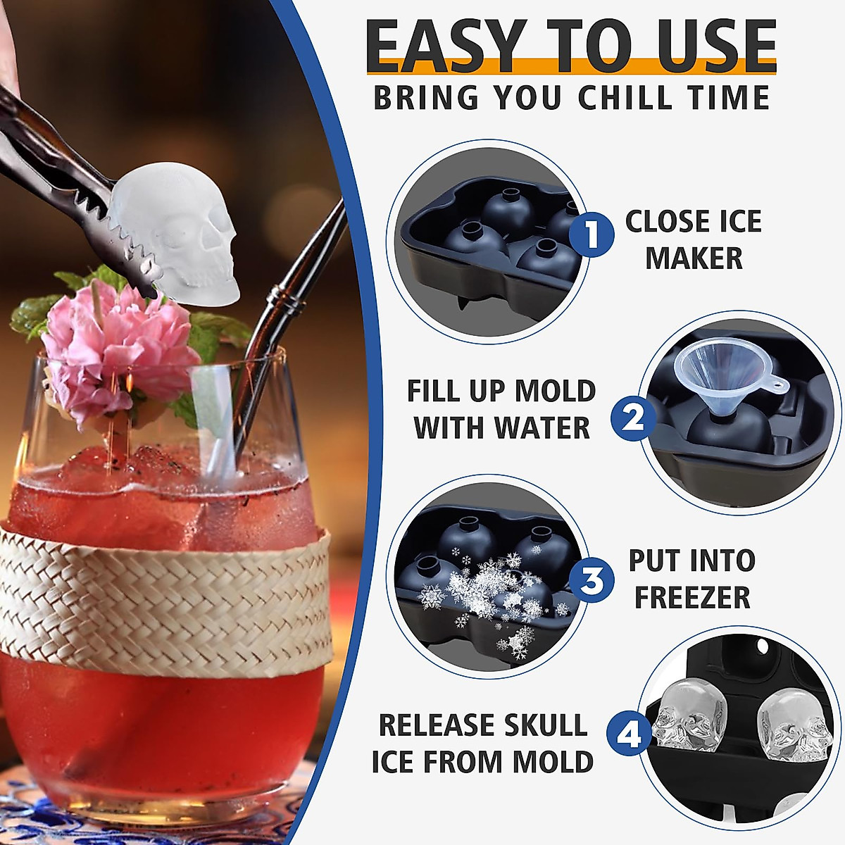 ice Cube Trays Silicone (Set of 4) Whiskey Ice Ball Mold, Large Ice Ball Maker Mold, grimace Ice Cube Mold, Halloween Ice Cube Mold, Tray for Cocktails & Bourbon Easy Release BPA Free (Black)