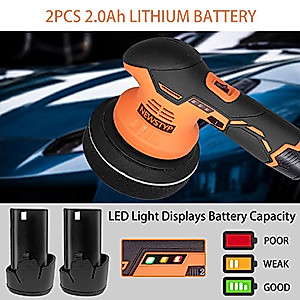 NEWSTYP 6 Inch Cordless Car Buffer Polisher with 2Pcs 12V 2.0Ah Rechargeable Battery, 6 Variable Speed, 5000RPM, Wireless Buffer Polisher Kit for Waxing/Car Detailing/Car Scratch Repairing/Sander