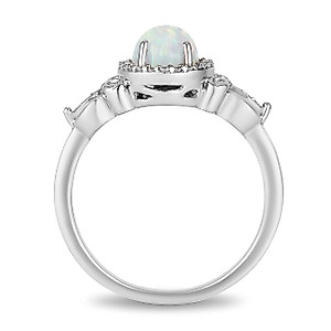 Jewelili Enchanted Disney Fine Jewelry Sterling Silver 8X6 MM Created Opal and 1/10 Cttw Natural White Round Diamond Cinderella Ring, Size 9