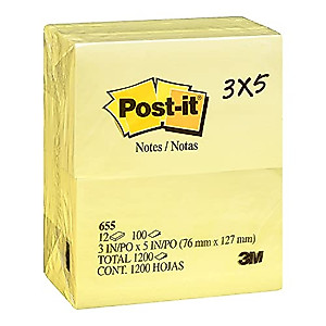 Post-it 655YW Original Pads in Canary Yellow, 3 x 5, 100-Sheet, 12/Pack