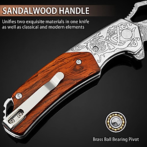 NedFoss Damascus Pocket Knives for Men, Handmade Forged VG10 Damascus Steel Folding Knife with Leather Sheath, Sandalwood Handle, Pocket Clip, Cool Knives Gifts for Men EDC (PTEROSAUR)