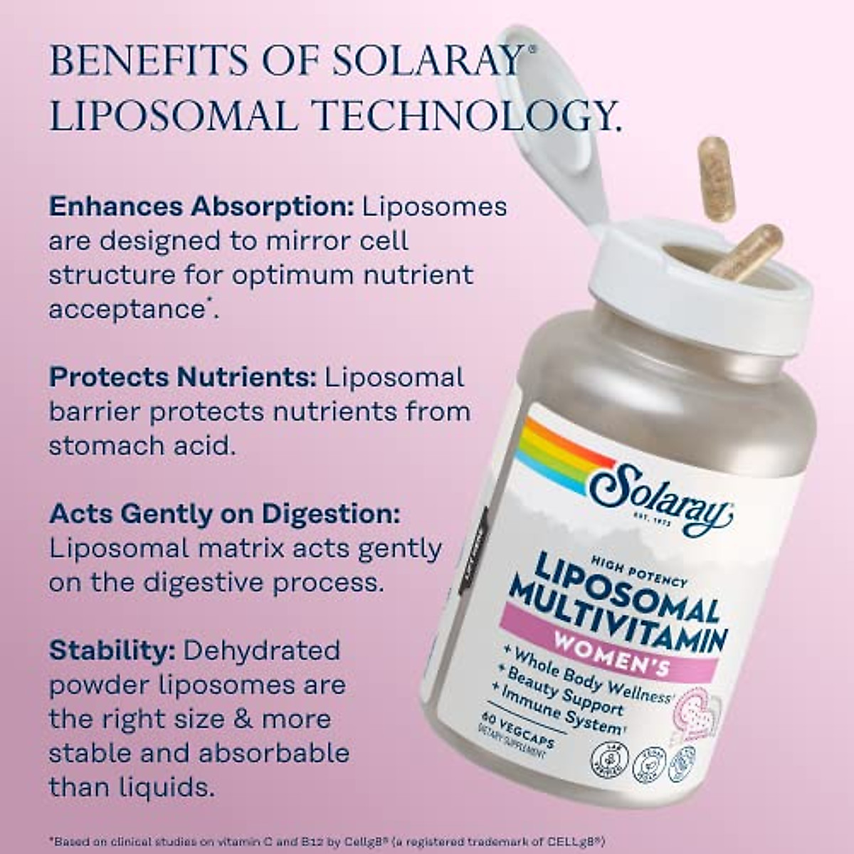 Solaray Liposomal Multivitamin for Women, Enhanced Absorption, High Potency w/Iron, Vitamin D, Vitamin C, B12, Biotin, CoQ10, Immune Support, Bone Health, Vegan, 60 Servings, 120 VegCaps