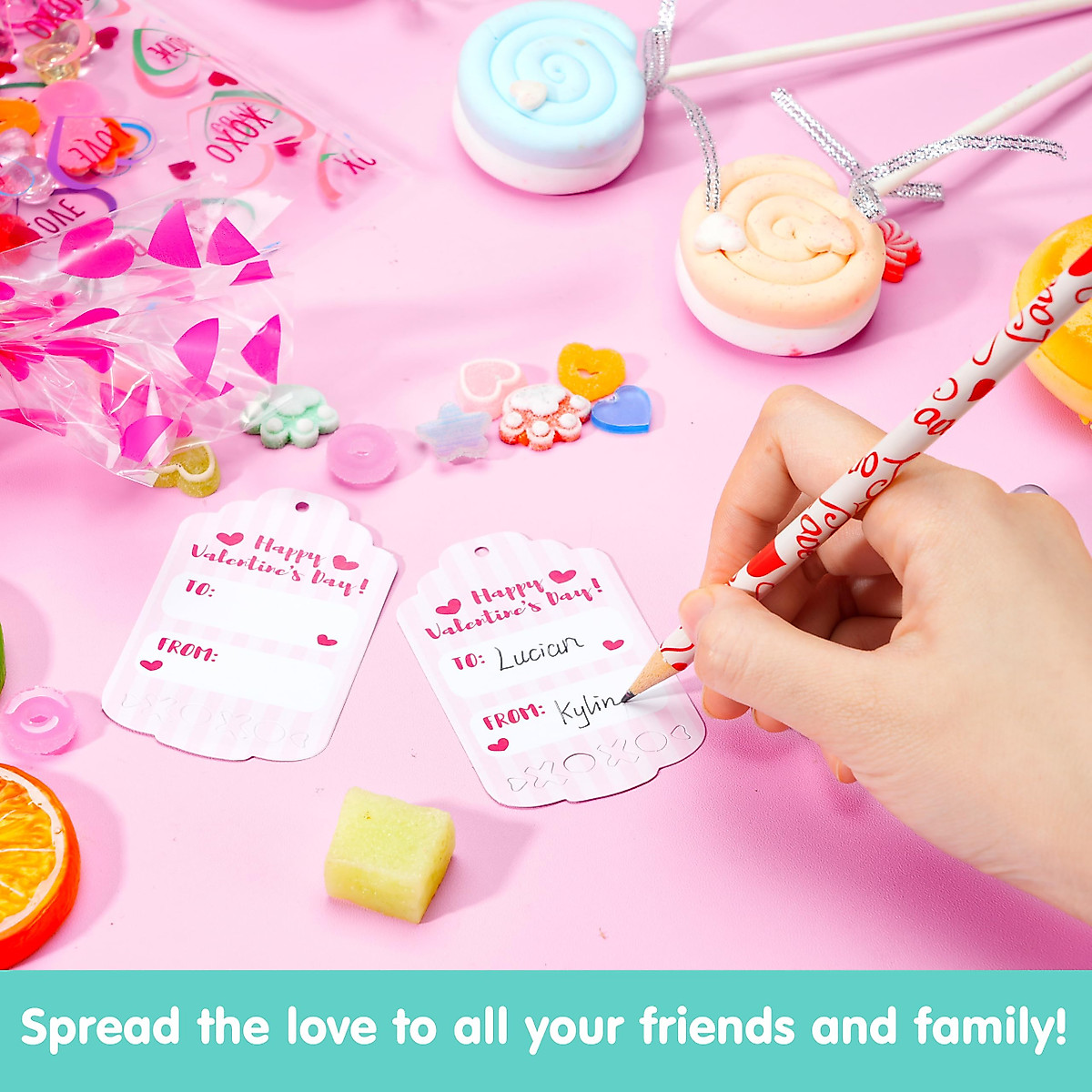 JOYIN 150 Pcs Valentine's Day Cellophane Gift Bag with Gift Tag, Candy Bag with 6 Valentine’s Themed Designs for Kids Party Favor, Classroom Exchange Prizes,Valentine’s Goody Bag