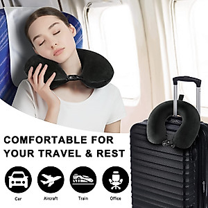 urnexttour Travel Neck Pillow Airplane, Soft Memory Foam Support Head Neck Chin, with Removale Cover and Adjustable Snap Button, Comfortable Sleeping in Plane Car Train Traveling Office Home, Black
