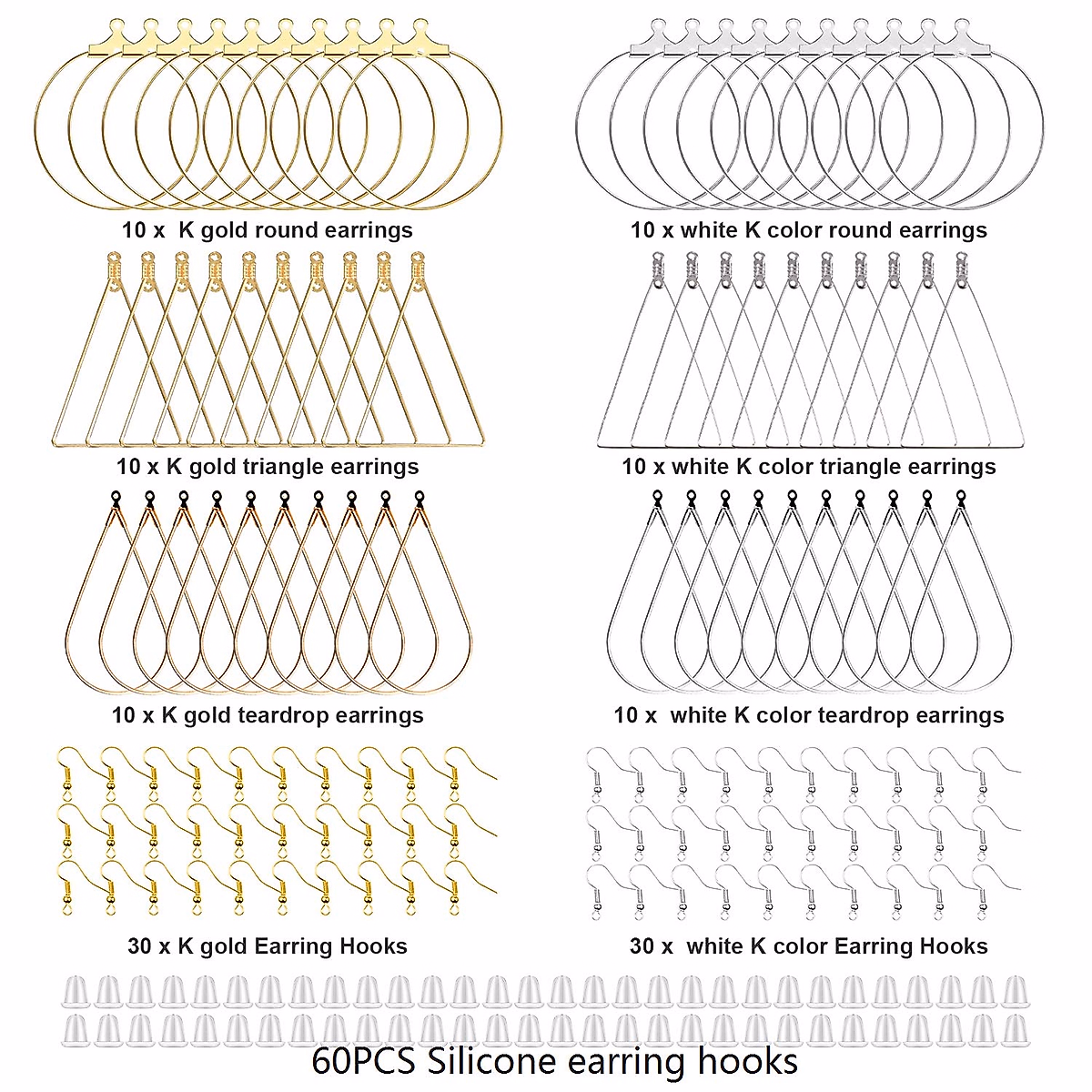 TopBine 60pcs Hoop Earrings Set - Round, Teardrop, Triangle - Gold K, White K - DIY Earring Making