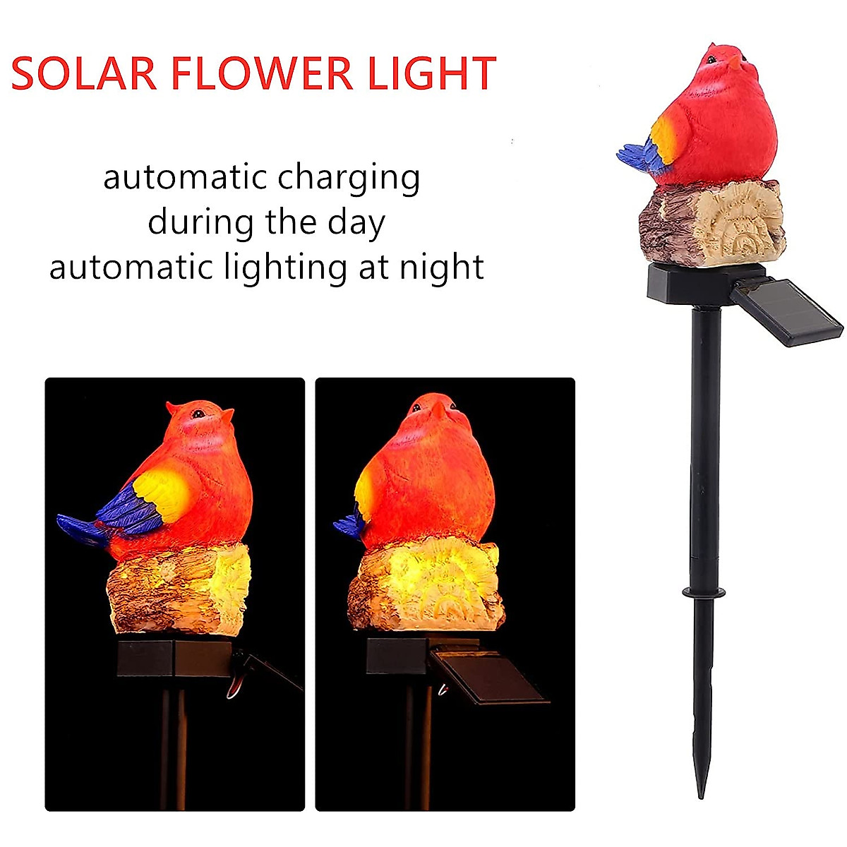 FPlife Technology Solar Bird Lights Fake Bird Decoy Statue Lamp Outdoor Garden Yard Patio Decor Lights-Bird Night Warm Light (Red Bird)