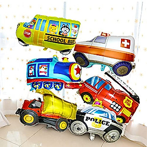 timecity 6pcs Car Balloons Big Construction Truck Fire Truck Train Ambulance Police Car School Bus Foil Balloons Vehicles Balloons for Kids Gifts Boys Birthday Party Supplies Cute Baby Shower Decor