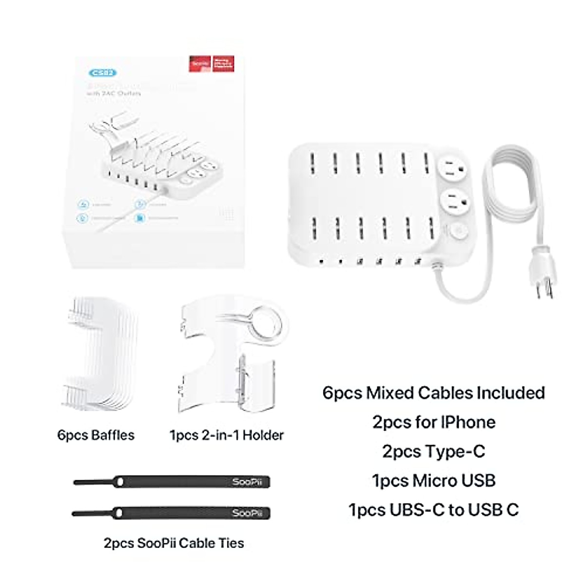 SooPii 70W 6 Port USB Charging Station for Multiple Devices With 2 AC Outlets,4 USB-A Ports and 2 USB C PD Ports,6pcs Mixed Charging Cables Included,Compatible for Tablets,Phones and Other Electronics
