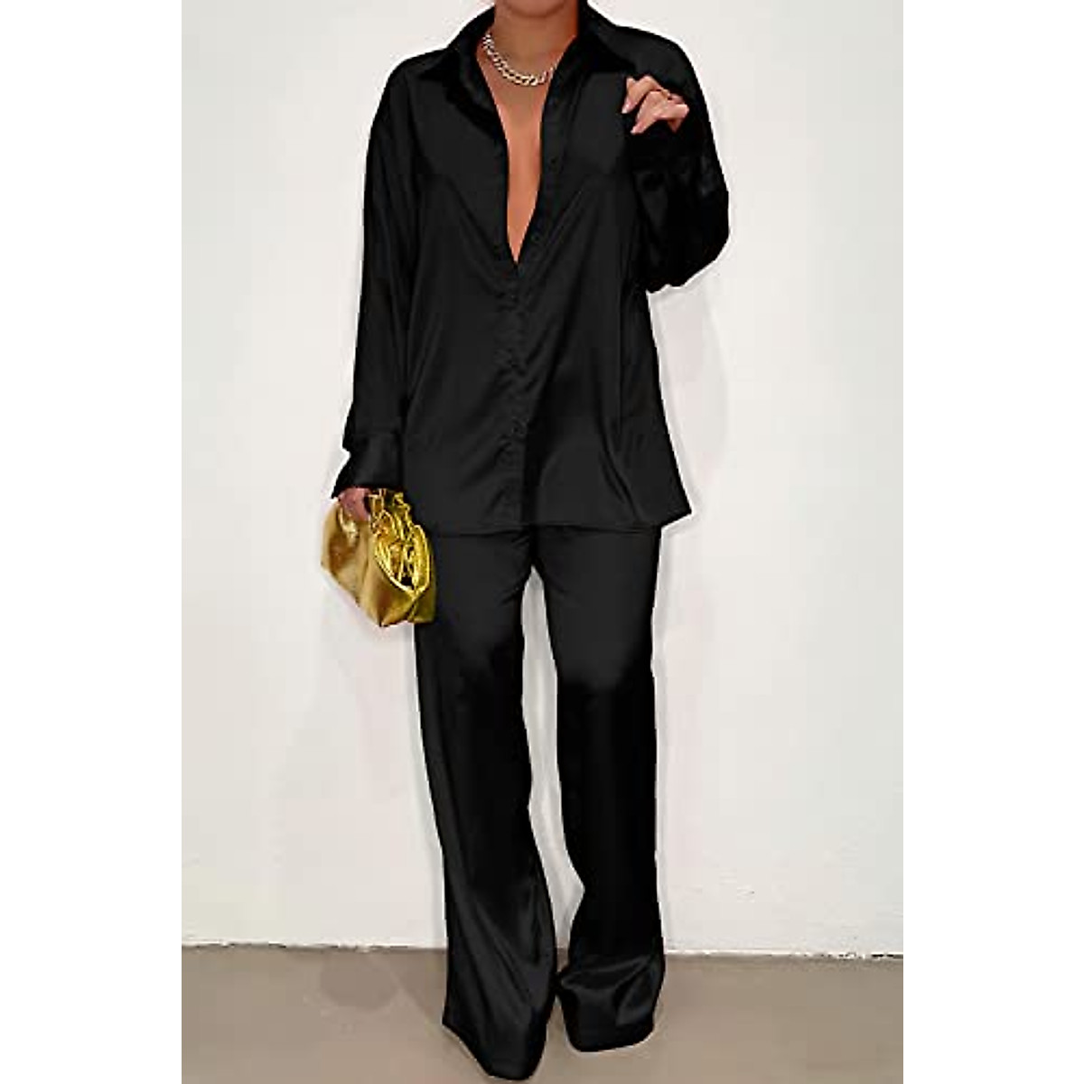 PRETTYGARDEN Women's 2 Piece Satin Outfits Long Sleeve Button Down Tops Wide Leg Pants Silk Loungewear Pajama Sets (Black,Large)