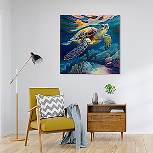Wynwood Studio Animals Contemporary Canvas Wall Art Sea Turtle I Living Room Bedroom and Bathroom Home Decor 30 in x 30 in Blue and Brown