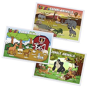 Baby PhD Disposable Placemats for Baby, Kids, & Toddlers - Animal Design - Table Mat or Topper for Restaurants, Stick-On Placemat for Travel, Sticky Strips Stay in Place - 3 Designs, Pack of 60