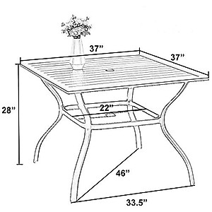 PHI VILLA 37" Metal Steel Slat Patio Dining Table Square Backyard Bistro Table Outdoor Furniture Garden Table, 1.57” Umbrella Hole, Black