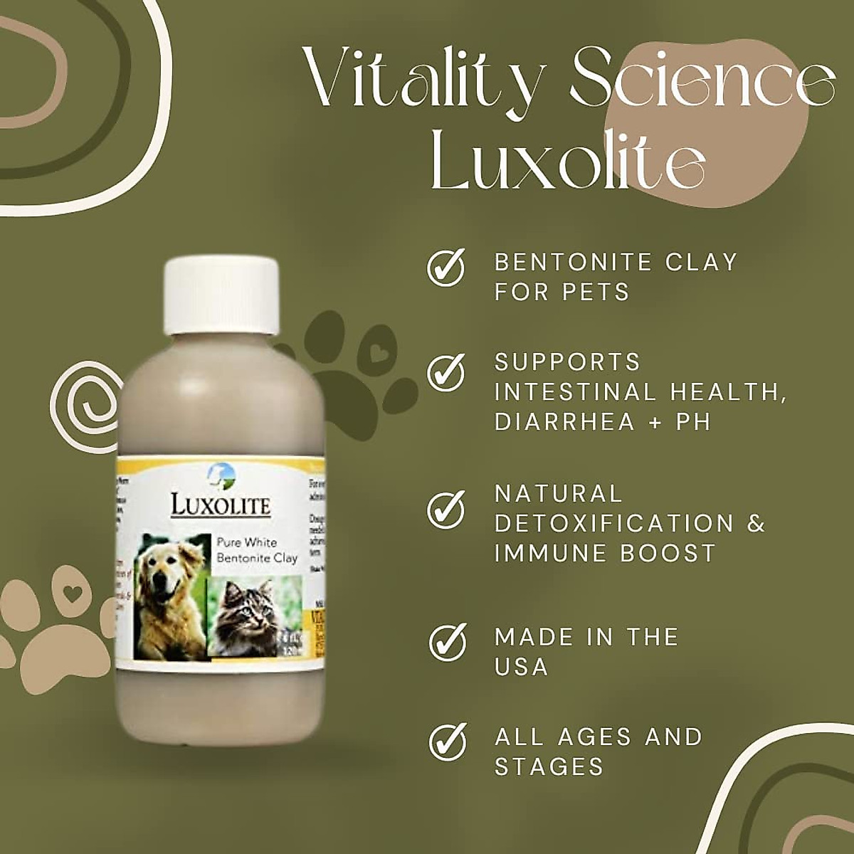 Vitality Science Luxolite Bentonite Clay for Pets | All Natural Anti Diarrhea for Dogs & Cats | Gas Relief for Dogs | Detox for Digestive & Immune Support for Dogs | Loose Stool Relief (Large)