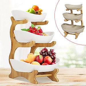 DYRABREST Oval Ceramic Fruit Plate Bowl, 3 Layer Ceramic Bamboo Frame Fruit Plate, Multi-layer White/Brown (Optional) Fruit Basket Holder Vegetables Storage Stand for Fruits Snacks Candy (White)