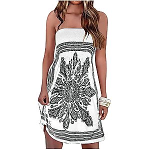 Evening Dress, Summer Sundress Graduation Dresses Fashion Fitted for Women 2022 Women's Sexy Strapless Sleeveless Floral Boho Print Ruched Beach Dress Dresses with Pockets Women's (M, White)