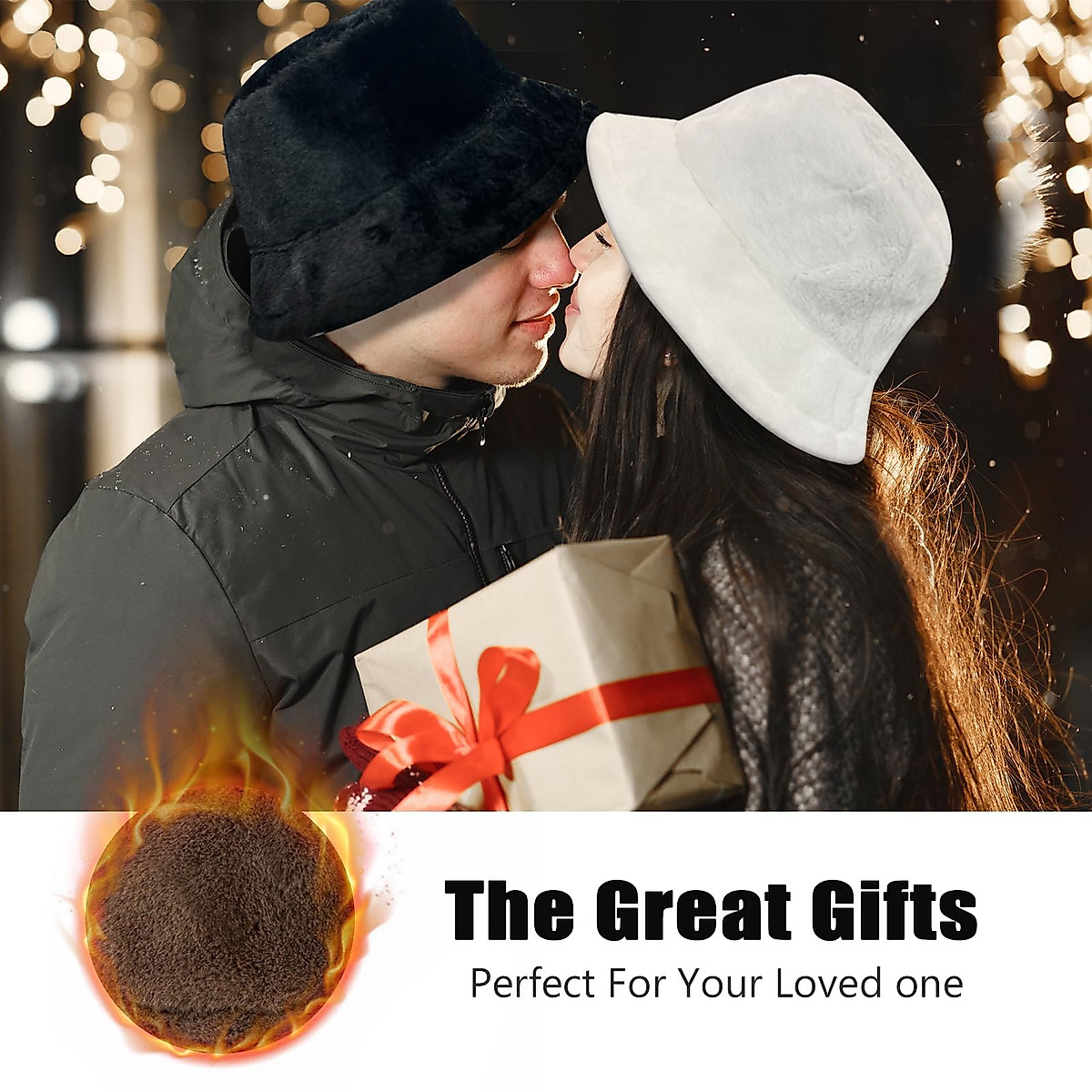 Rurymoe Faux Fur Fuzzy Winter Bucket Hats for Women Men,Fluffy Warm Hat for Daily, Casual,Sports,Skiing Black