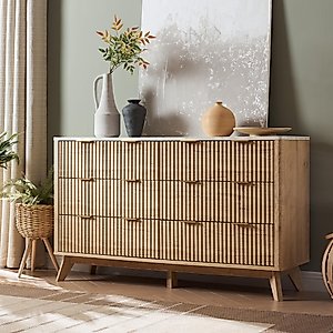 T4TREAM Fluted 6 Drawers Dresser, 54" Wide Modern Chest of Drawers with Faux Marble Top, Curved Profile Design, Dresser TV Stand, Wood Drawer Organizer for Bedroom, Living Room, Hallway, Natural Oak
