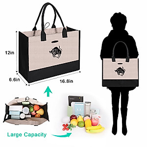 Aricsen Reusable Personalized Gift Jute Canvas Tote Bag Women Handbags with Handles Bulk Carry, Friends Sister Mom Daughter Birthday, Beach Holidays, Kitchen Grocery Shopping (Taurus, Large)