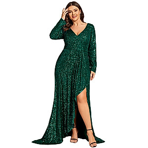 Ever-Pretty Women's V-Neck Sequin A-Line Pleated Long Sleeves Midi Plus Size Dress Ball Gowns Dark Green US20