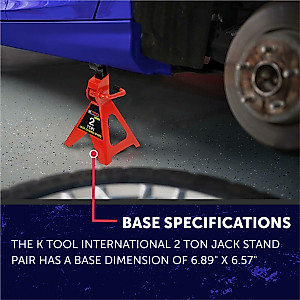 K Tool International 61201 2 Ton Automotive Jack Stands for Garages, Repair Shops, and DIY, Lightweight, 4,000 lbs. Capacity, Heavy Duty Steel Frame, Adjustable Height 10.75"-16.73", Red/Black, Pair