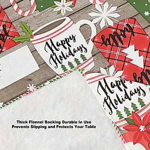 Newbridge Jolly Holiday Candy Cane Print Flannel Back Vinyl Christmas Tablecloth - Happy Holidays Grey, Red and Green Xmas Wipe Clean Easy Care Tablecloth, 60” x 120” Oblong/Rectangle