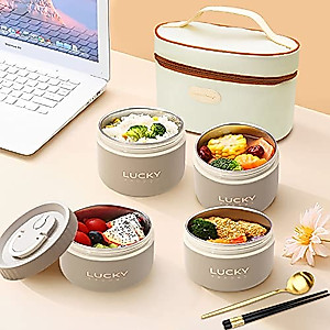 GTGR Portable Thermal Bento Lunch Box for Food 4 Separate Stackable Lunch Box with Bag & Utensils Microwave Safe 18/8 Stainless Steel Lunch Container for Adult (Khaki 68oz)