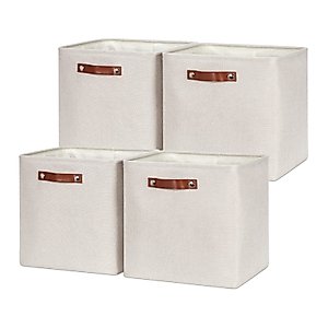 HNZIGE 13x13x13 Cube Storage Bins, Fabric Storage Cubes Baskets for Shelves, Set of 4, Cube Storage Baskets with Handles Foldable Storage Baskets for Organizing Clothes, Toys, Closet, Nursery(Cream)