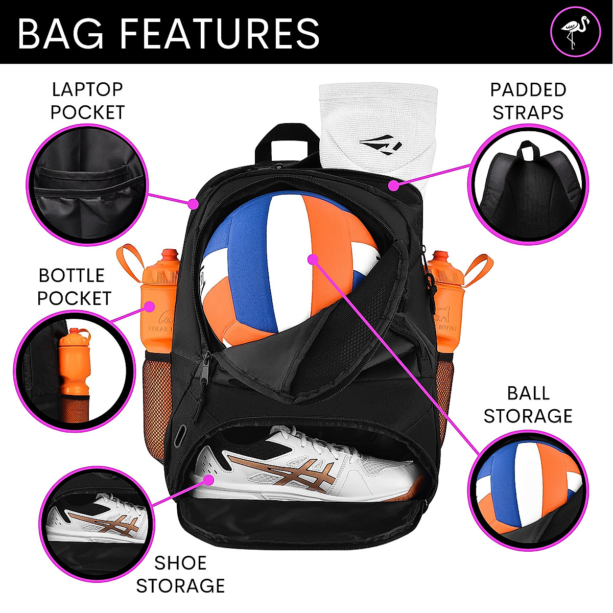 ERANT Athletic Volleyball Backpack - Extra Large Sports Volleyball Bag - Separate Ball and Shoe Compartment - Durable - Boys and Girls - Black