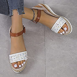 Rose Sandals for Women Wedding Ladies Summer Sequins Decorative Open Toe Buckle Wedge Heel Thick Sole Sandals (White, 8)