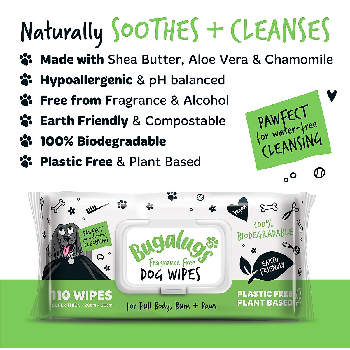 BUGALUGS Dog Wipes, 100% Plastic Free Biodegradable pet Wipes for Full Body, Eye Wipes, Ear Wipes, Bum & Paws. 110 Sensitive Dog Grooming Wipes for Dogs, Puppy & cat Grooming (Fragrance Free)