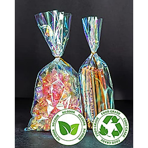 Labeol 100pcs Iridescent Cellophane Bags Goodie Bags Candy Bags 5×11 4×9.5 Treat Bags with Ties Clear Gift Bags Holographic Party Favor Bags for Birthday Wedding Baby Shower Valentines Day